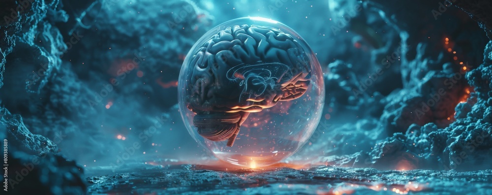 Capture a surreal scene of a floating brain encased in a glowing orb ...