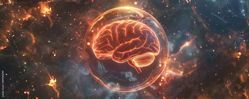 Capture a surreal scene of a floating brain encased in a glowing orb ...