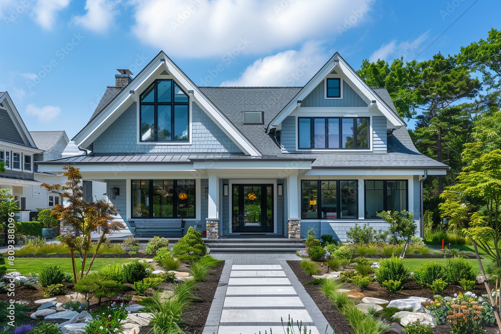A modern powder blue craftsman cottage style home, featuring a triple ...