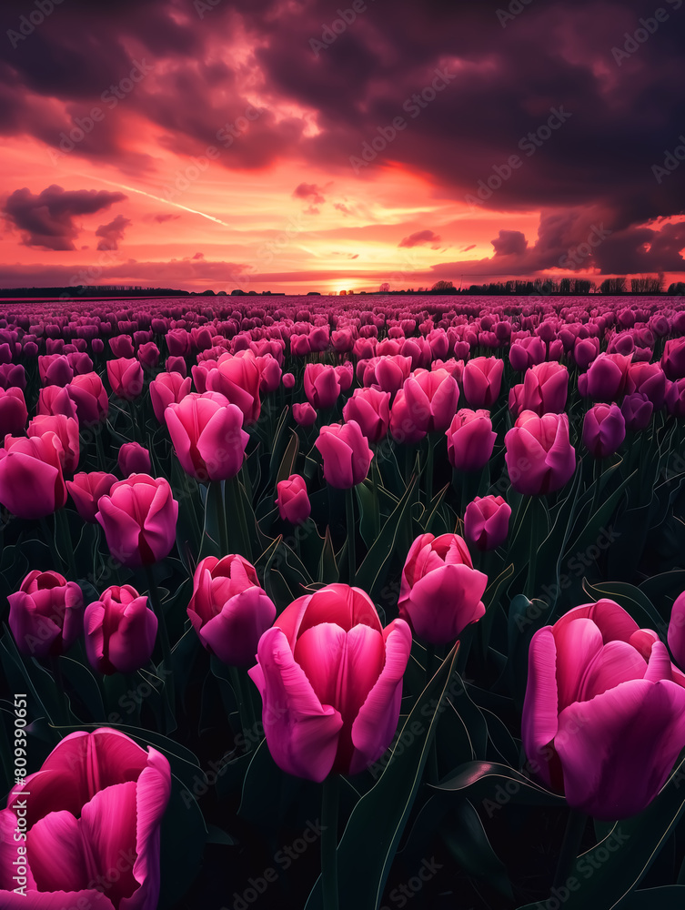 tulip festival at sunset, landscape with tulip field at sunrise. 4K ...