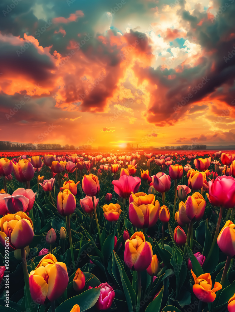 tulip festival at sunset, landscape with tulip field at sunrise. 4K ...