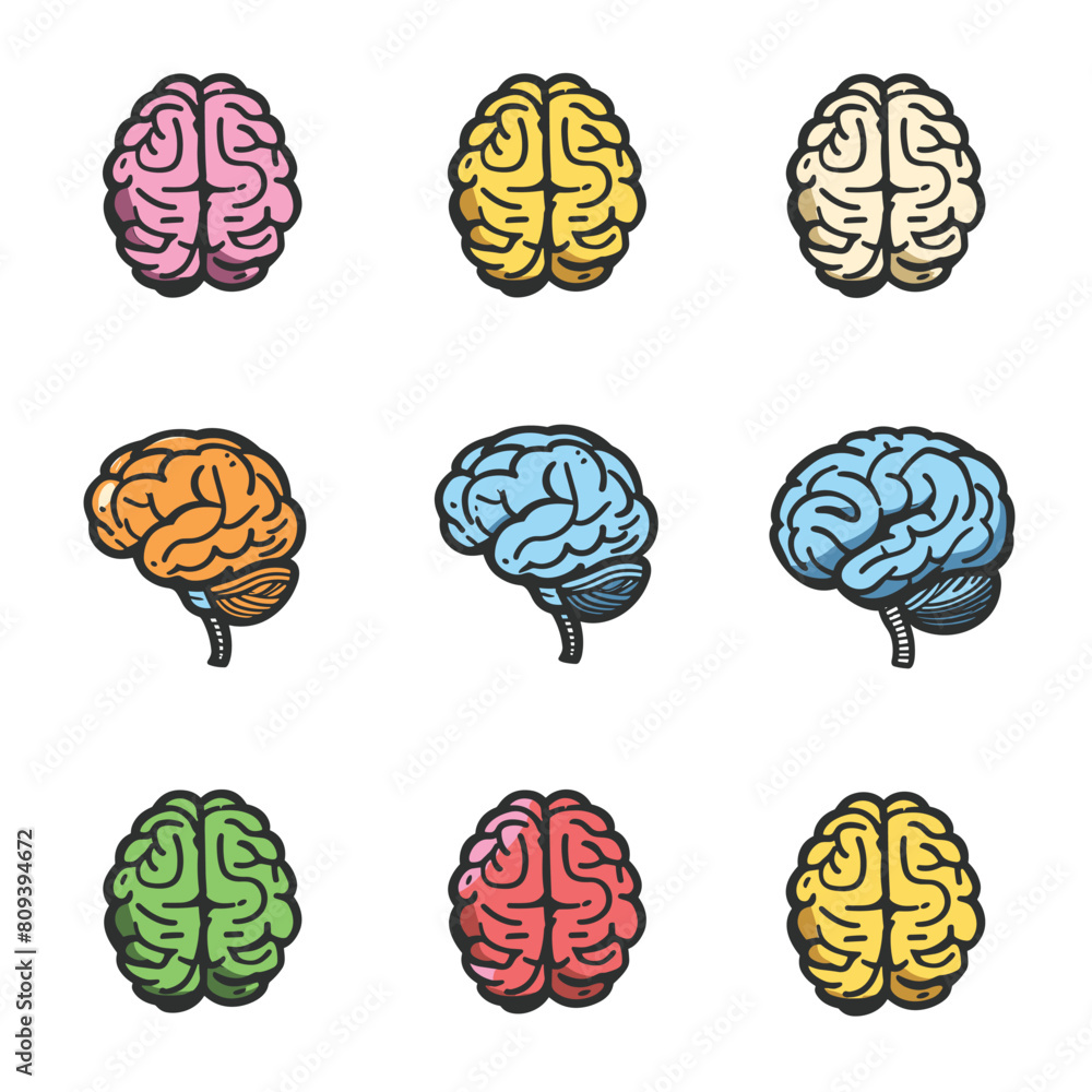 Nine colorful brain icons, different color schemes isolated white ...