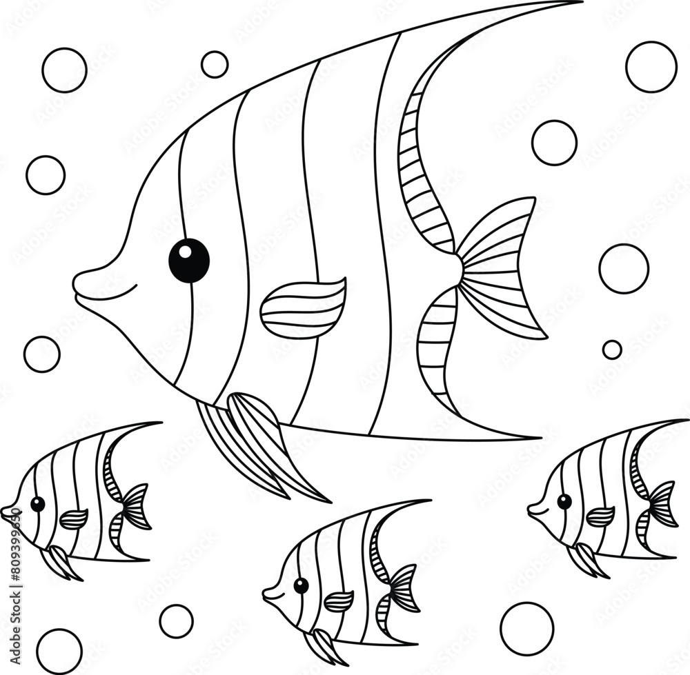 Cute kawaii seafish and baby cartoon character coloring page vector ...