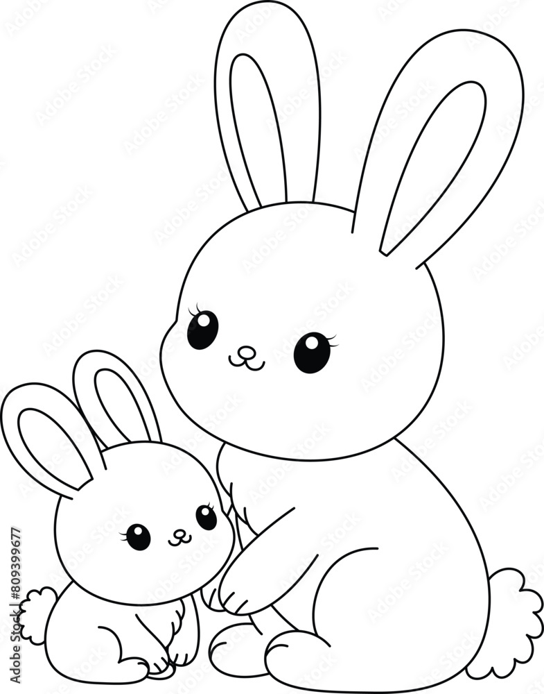 Cute kawaii bunny and baby cartoon character coloring page vector ...