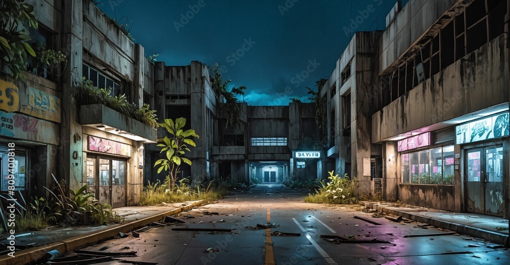Abandoned post apocalyptic cyberpunk city overgrowth buildings at night ...