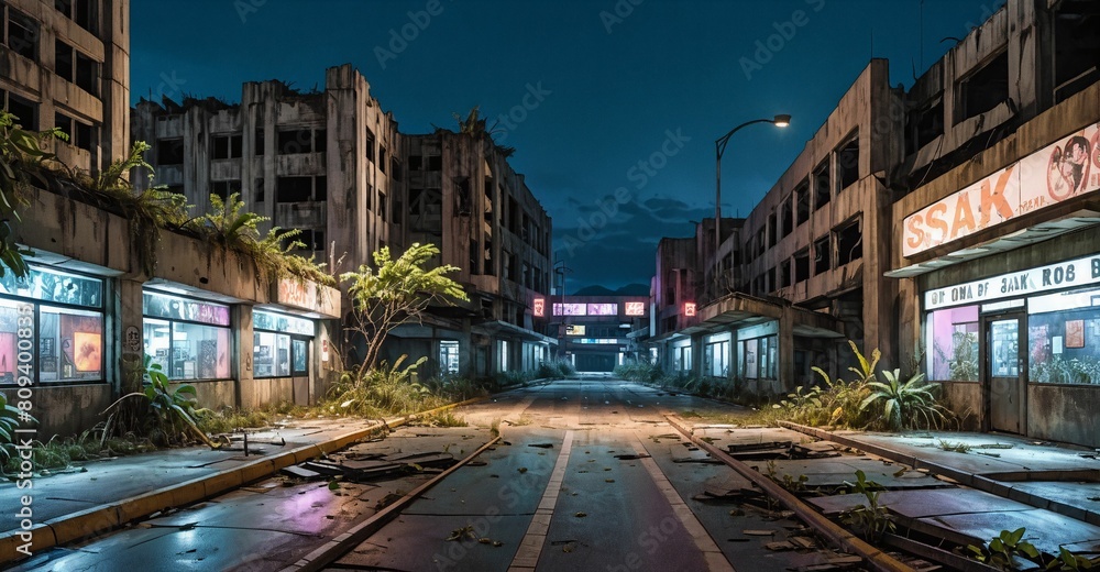 Abandoned post apocalyptic cyberpunk city overgrowth buildings at night ...