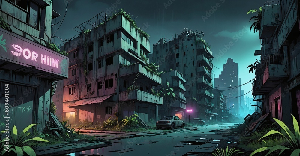 Gothic cyberpunk sci-fi dystopian overgrowth city at night. Abandoned ...