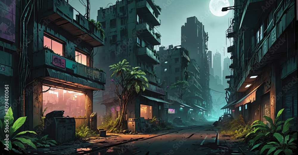 Gothic cyberpunk sci-fi dystopian overgrowth city at night. Abandoned ...