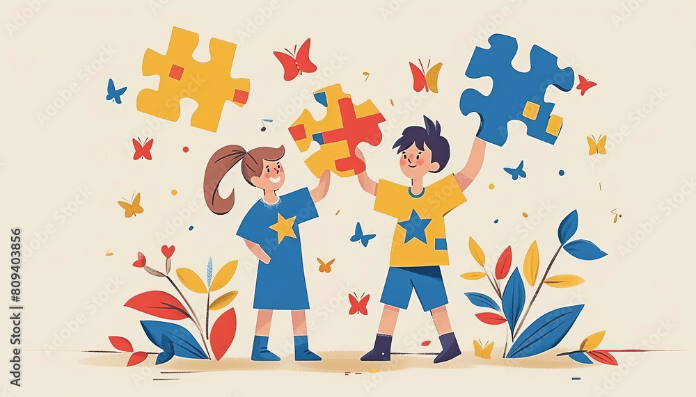 World autism awarenessTwo animated children happily connecting large ...