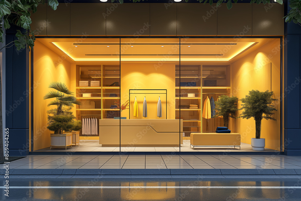 The storefront has a large glass window on the left surrounded by ...