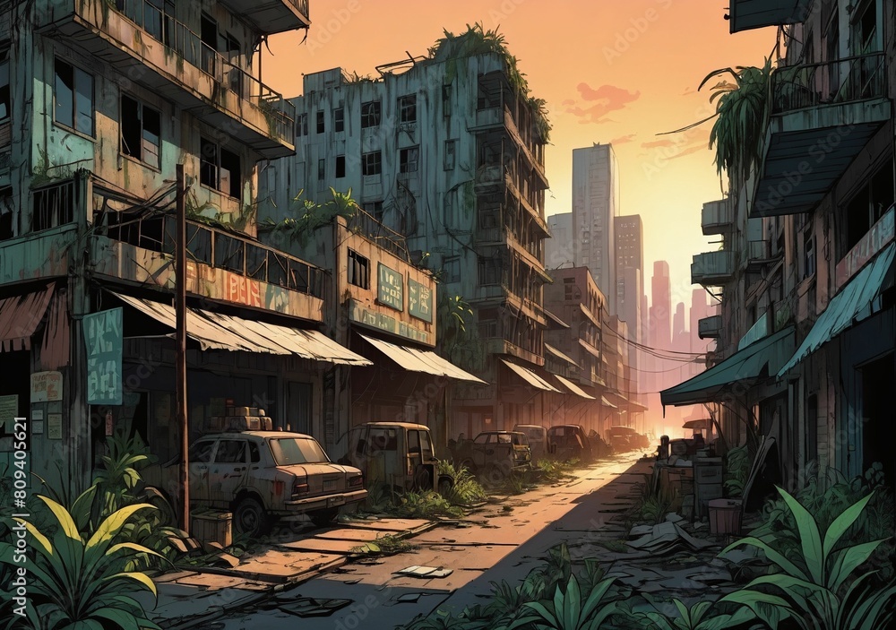 Abandoned city post apocalyptic wasteland at sunset. Overgrowth ...
