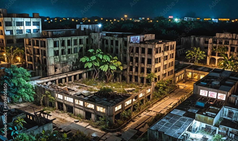 Abandoned post apocalyptic city building exterior aerial view at night ...