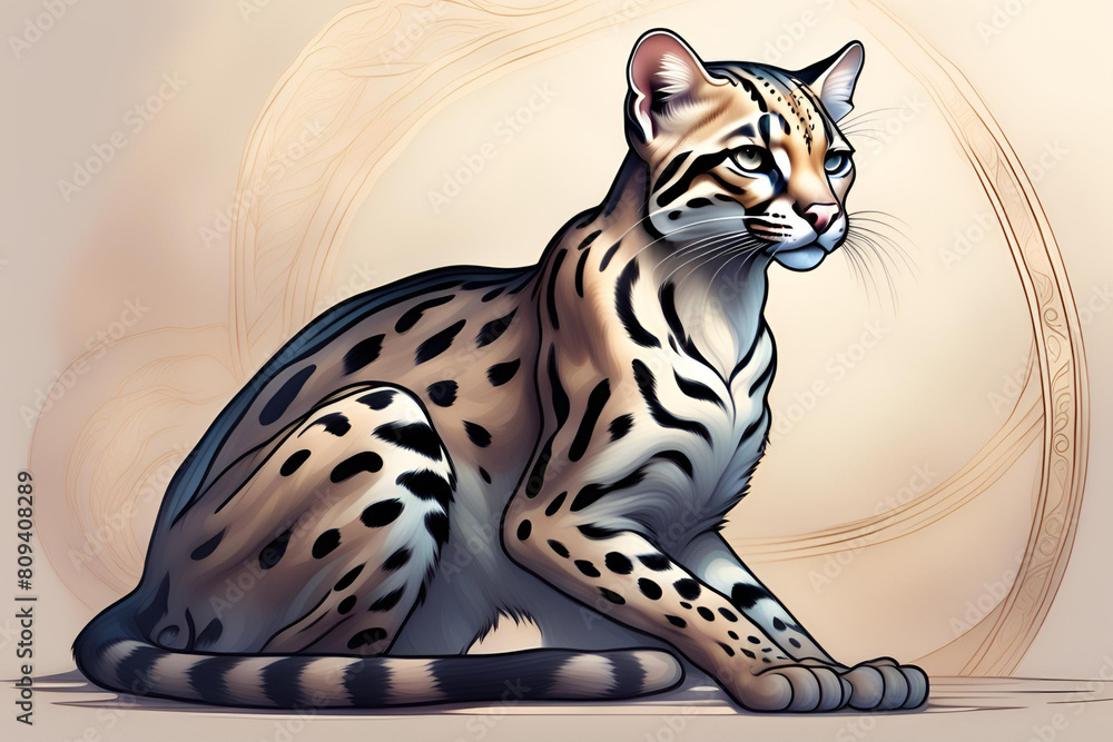 Art nouveau realistic full body sketch drawing of ocelot Stock ...