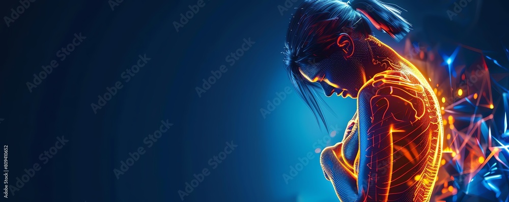 Neonlit 3D animation in xray style, depicting abdominal pain in a ...