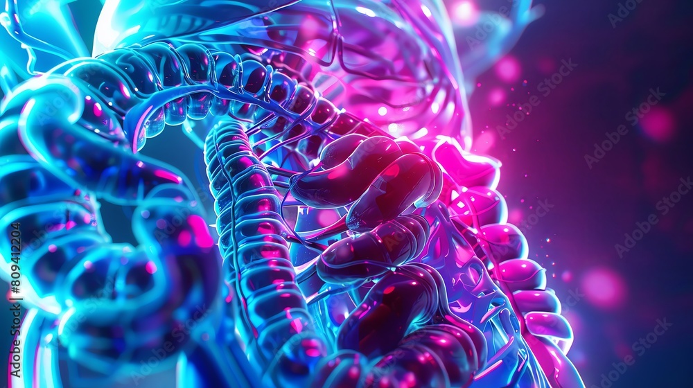 Innovative 3D medical rendering, showing the digestive system with ...
