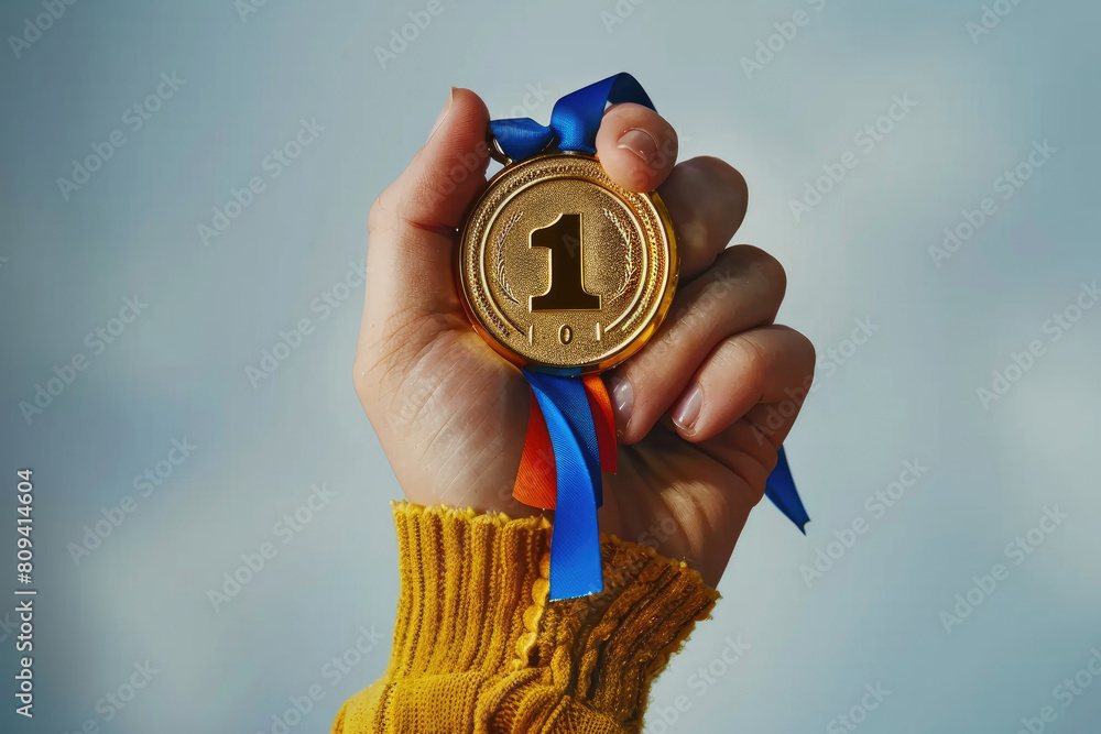 clenched fist holding a gold medal with the number 1 in it Stock Photo ...