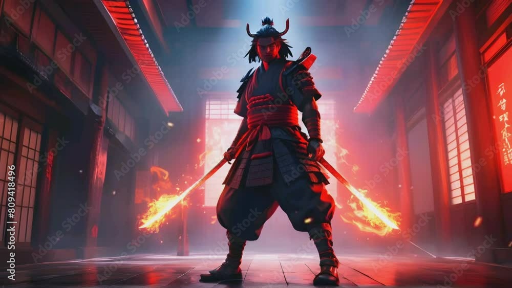 young samurai with two katana swords in the middle of a traditional ...