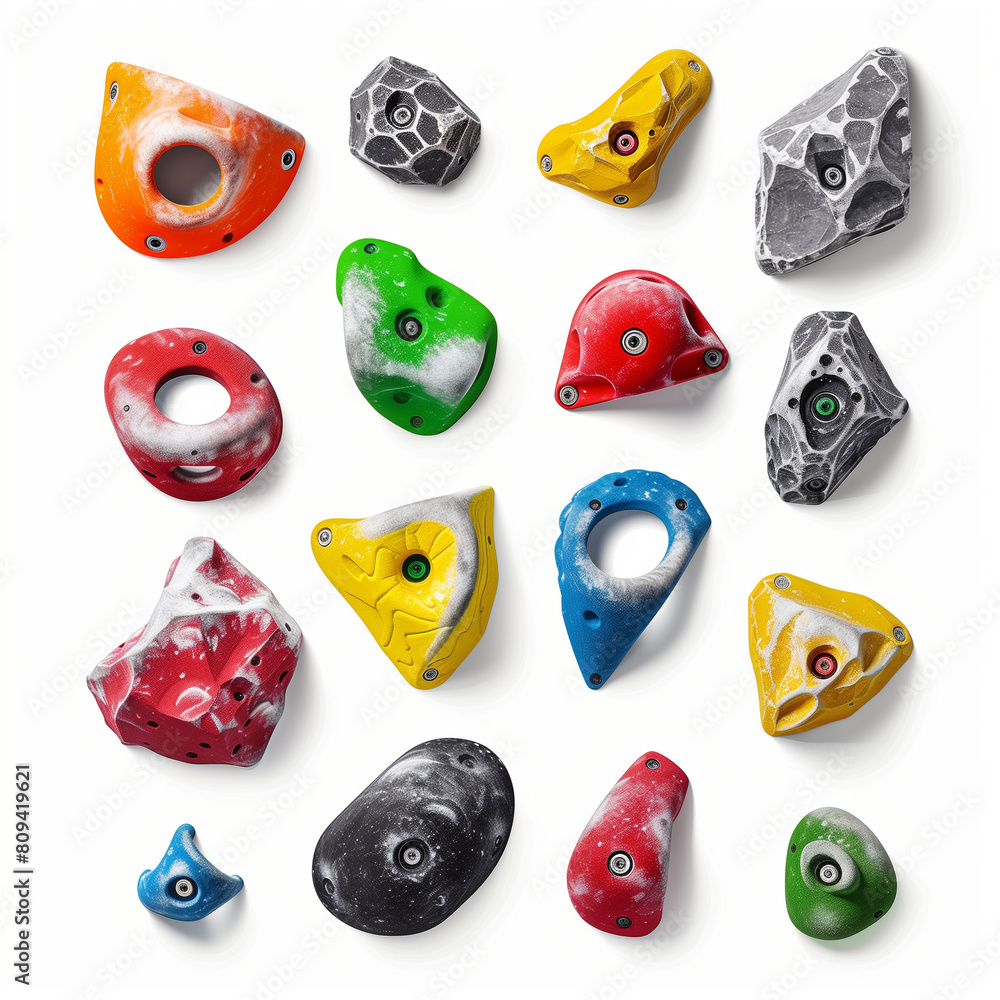 This graphic features various climbing holds depicted on a clean white ...