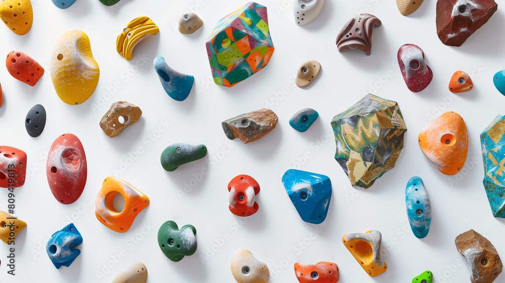 This graphic features various climbing holds depicted on a clean white ...