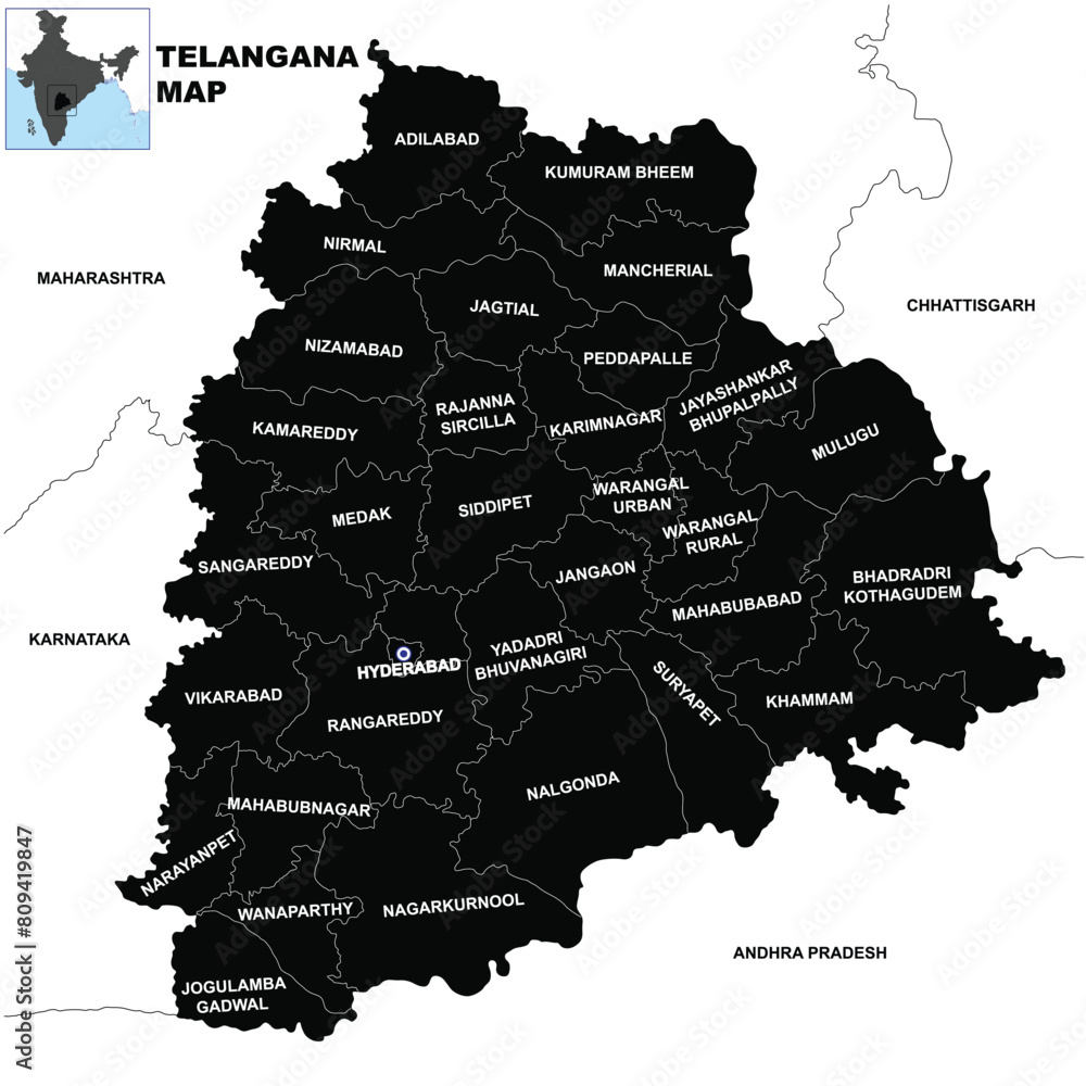 Silhouette Telangana map vector illustration with white background ...