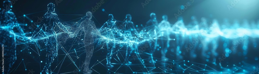 3D chain of human figures holding hands, surrounded by a network of ...