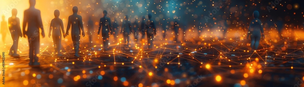 3D chain of human figures holding hands, surrounded by a network of ...