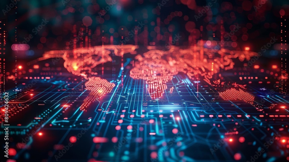 Digital world map with data streams, suitable for global data flow and ...