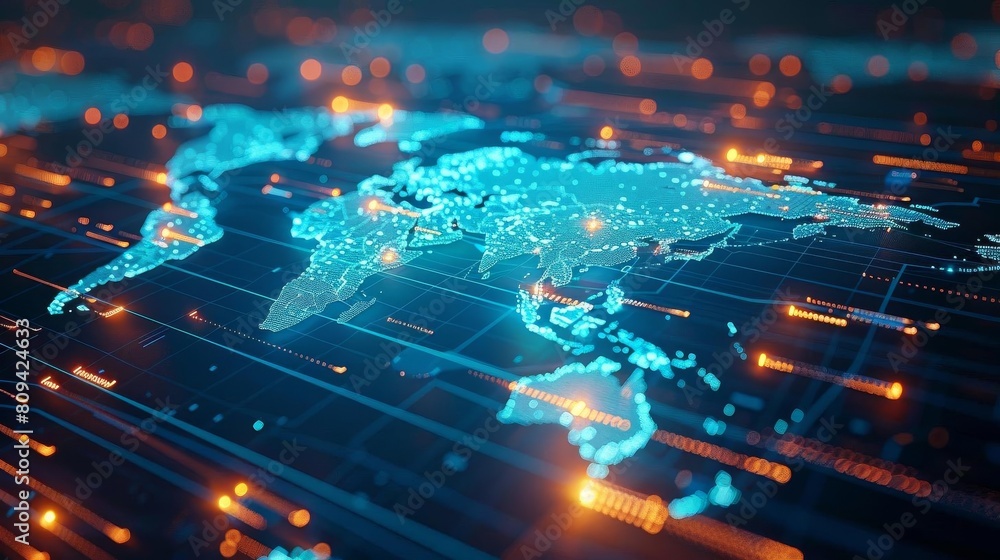 Digital world map with data streams, suitable for global data flow and ...