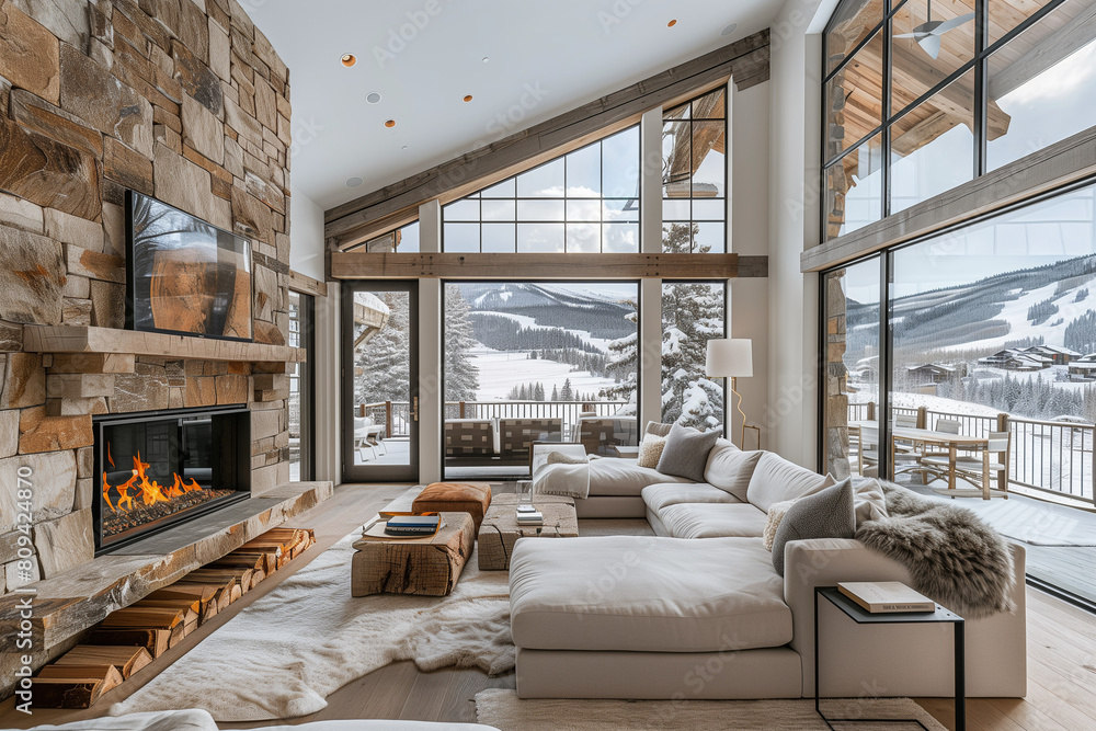 Modern rustic mountain retreat editorial, showcasing organic materials ...