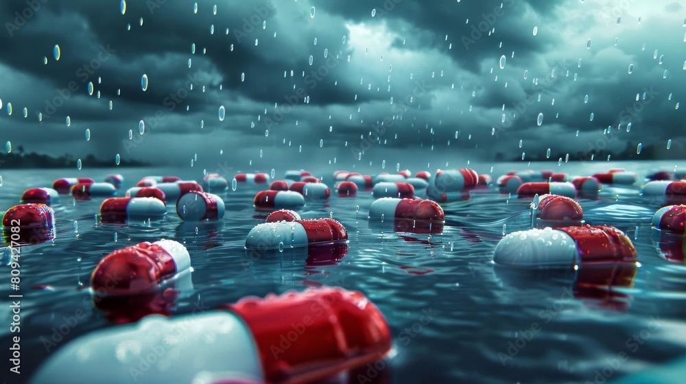 Pills depicted as raindrops in a stormy sky background, representing ...