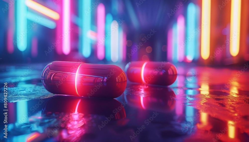 Pills set against a backdrop of neon lights, conveying a futuristic and ...