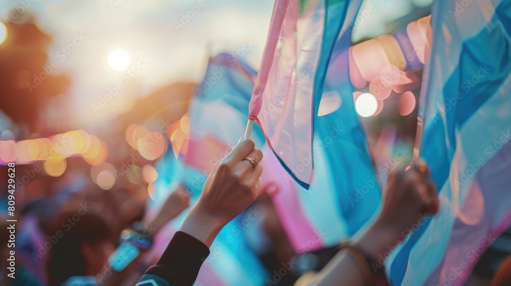 Hands proudly holding the transgender flag at a public event ...