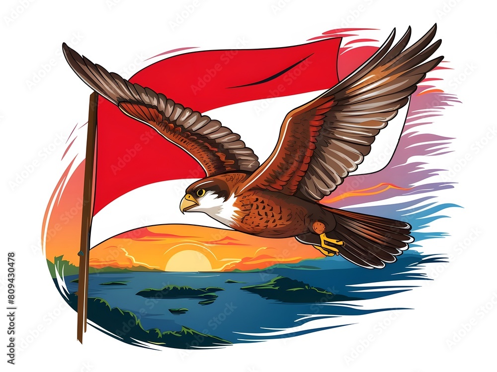 Elegant falcon flying above the indonesian sky with the flag waving ...