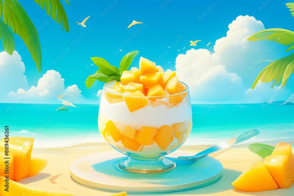 Elegant portrayal of a refreshing coconut mango rice pudding parfait ...