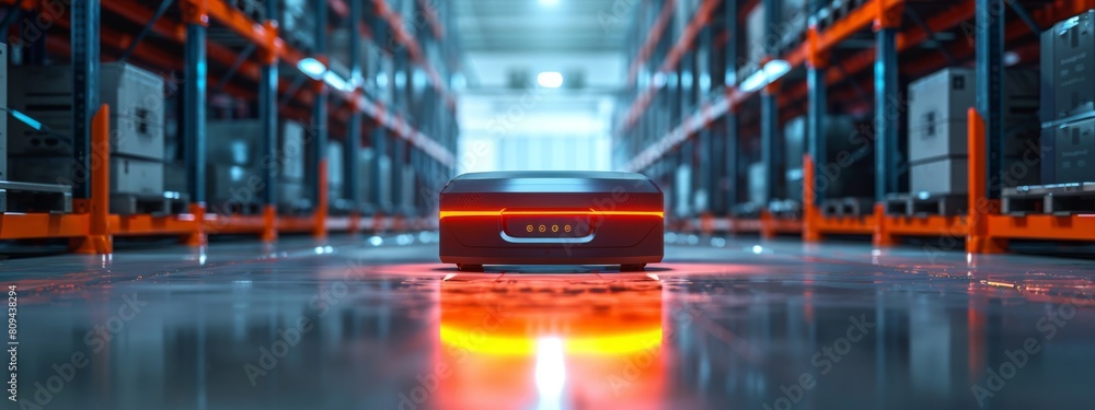 AI-powered logistics robot in a warehouse, optimized routing displayed ...