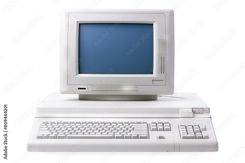 The image shows a vintage personal computer from the 1980s, with a ...