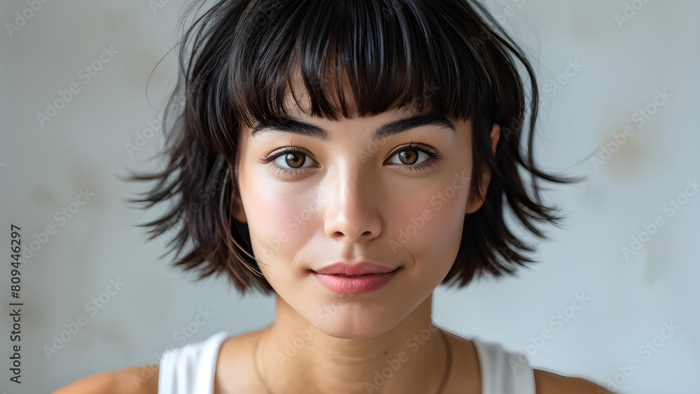 Pixie Cut Zen: Asian Woman in Yoga Attire, Short Hair Serenity: Asian ...