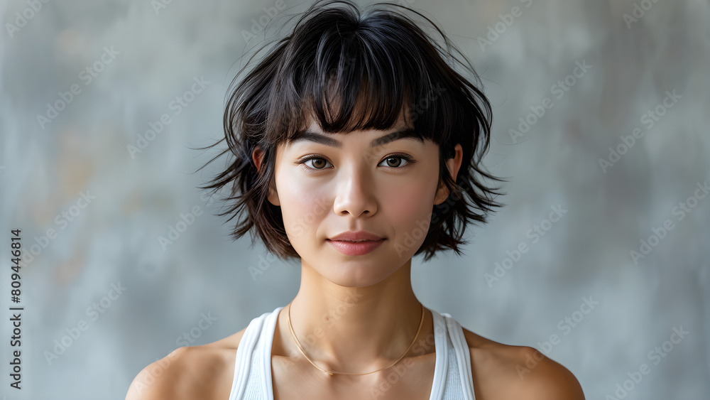 Pixie Cut Zen: Asian Woman in Yoga Attire, Short Hair Serenity: Asian ...