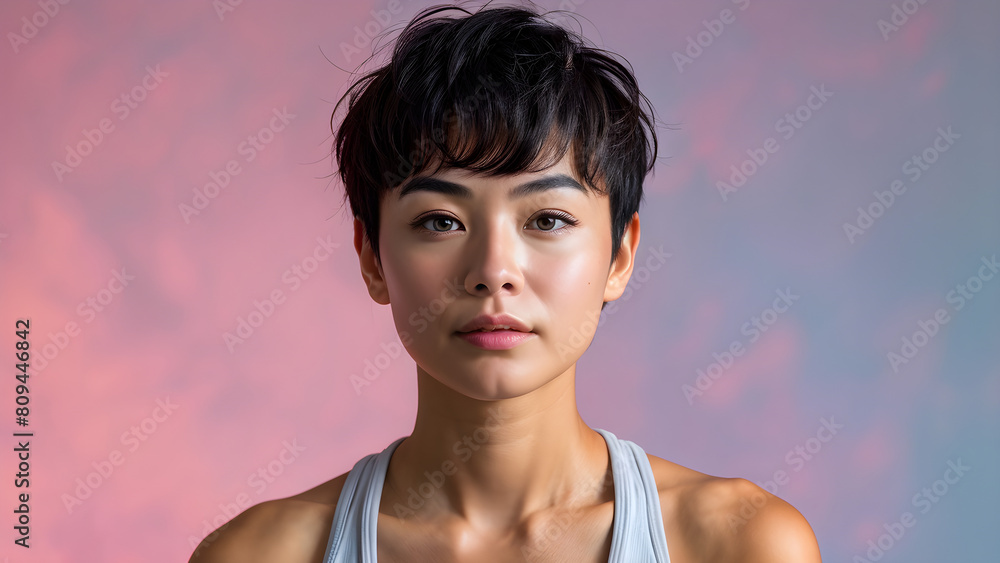 Pixie Cut Zen: Asian Woman in Yoga Attire, Short Hair Serenity: Asian ...
