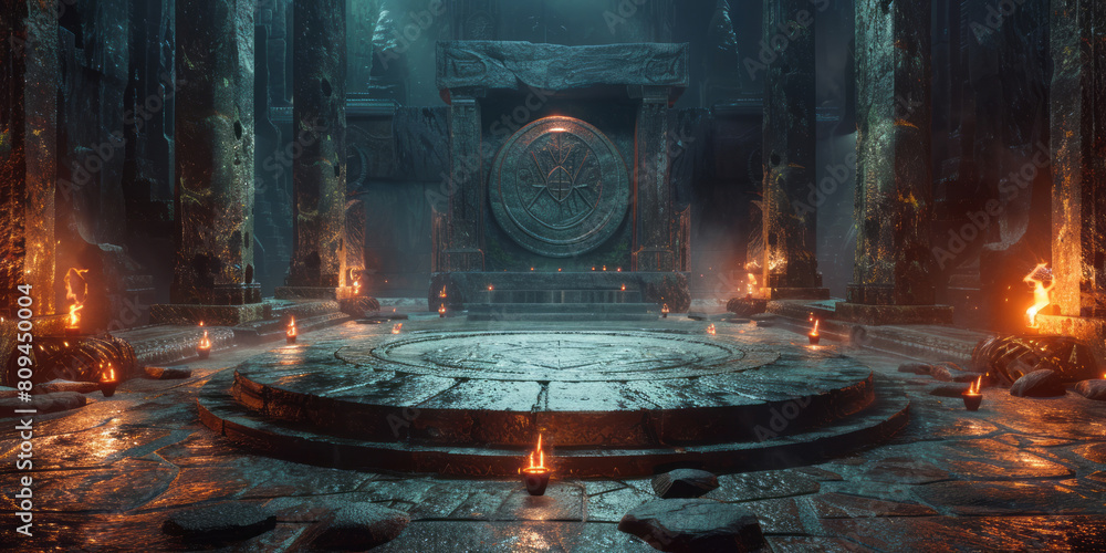 A circular stone platform with an ancient symbol carved into it ...