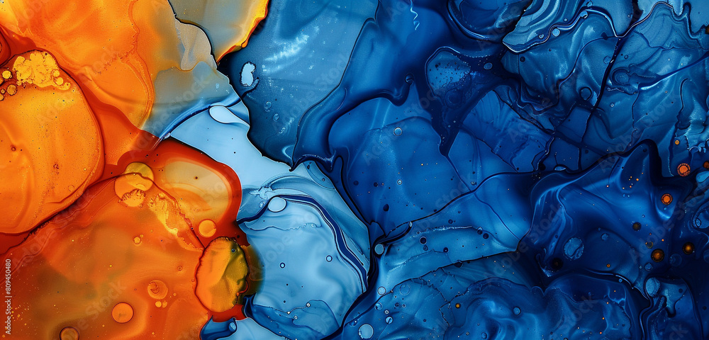 Navy blue and sunset orange alcohol ink abstract with oil paint texture ...