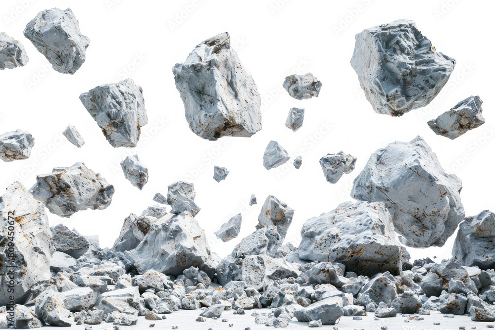 Floating rocks, falling stones from the sky, and broken rocks, in a 3d ...