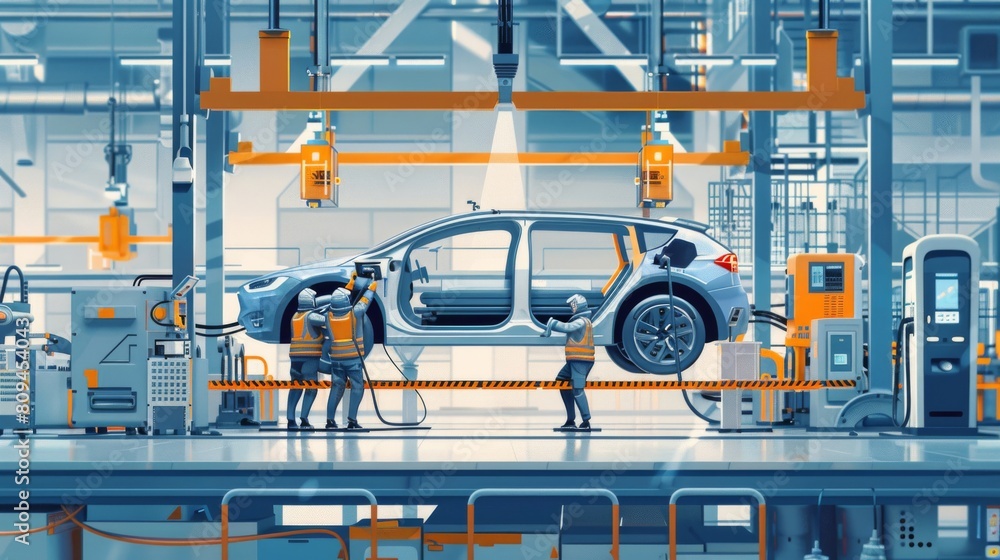 dynamic, detailed scene of an electric vehicle assembly line in a ...