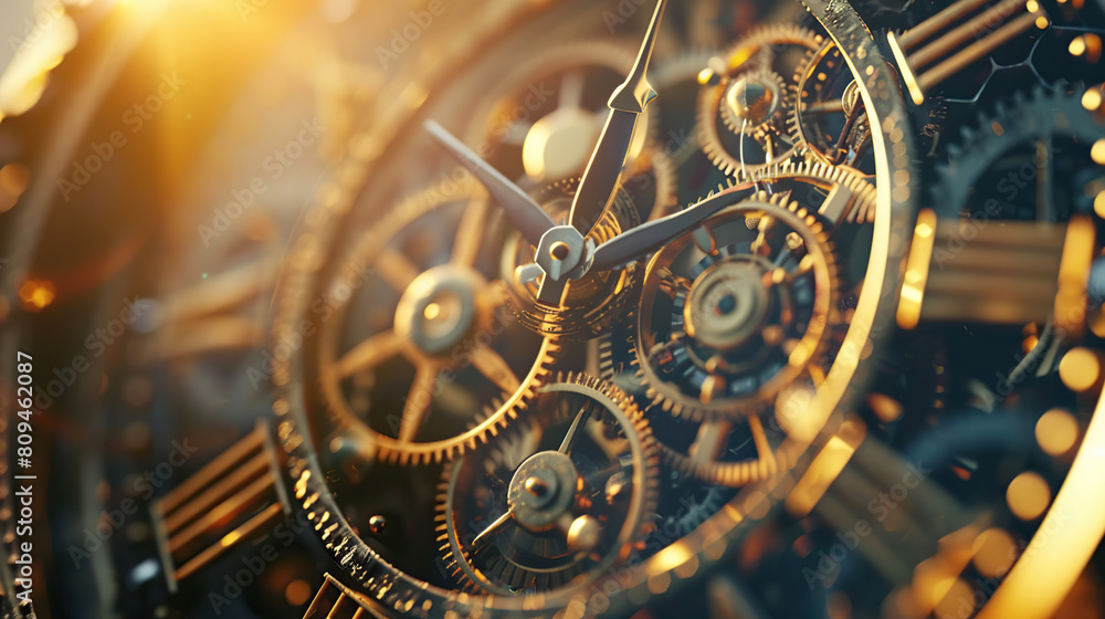 The internal structure of a clock, with gears and hour and second hands ...
