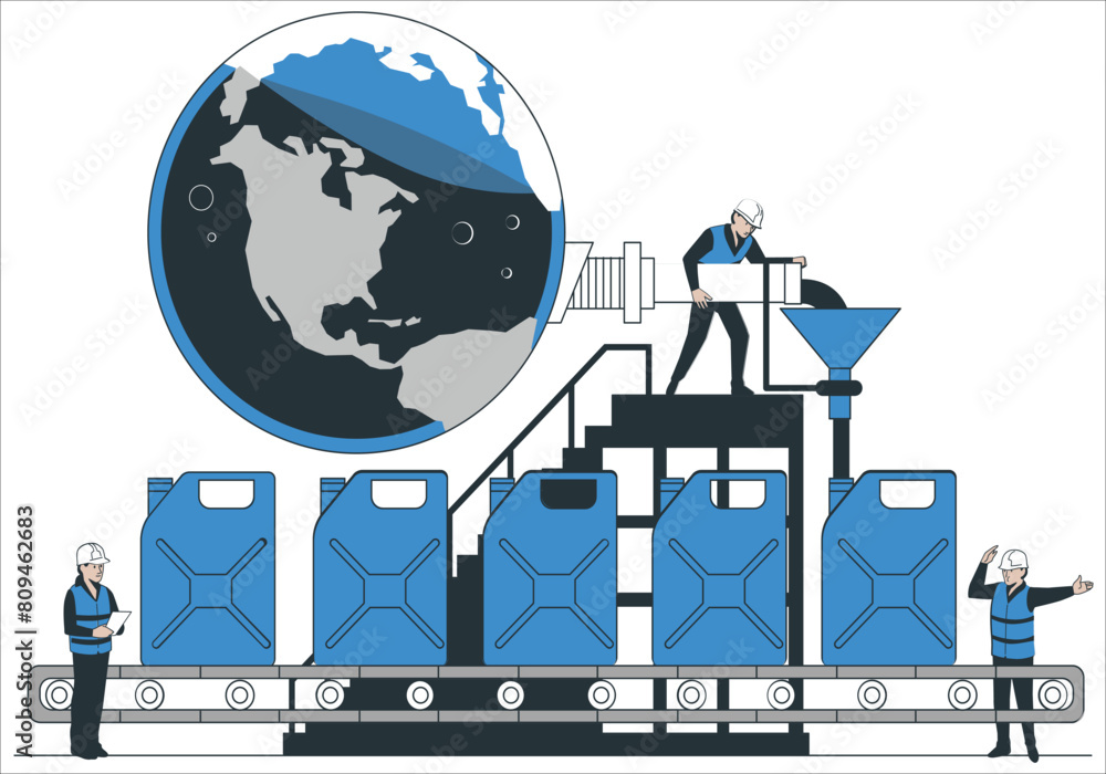 Natural resource depletion. Man shows gas and oil in barrels ...