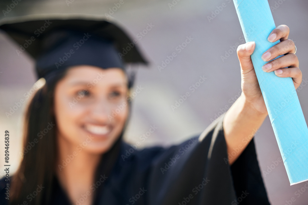 Graduation, hand and woman with scroll on university campus for ...