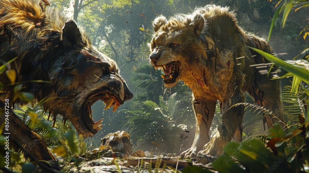 The image shows two saber-toothed tigers facing off in a lush jungle ...
