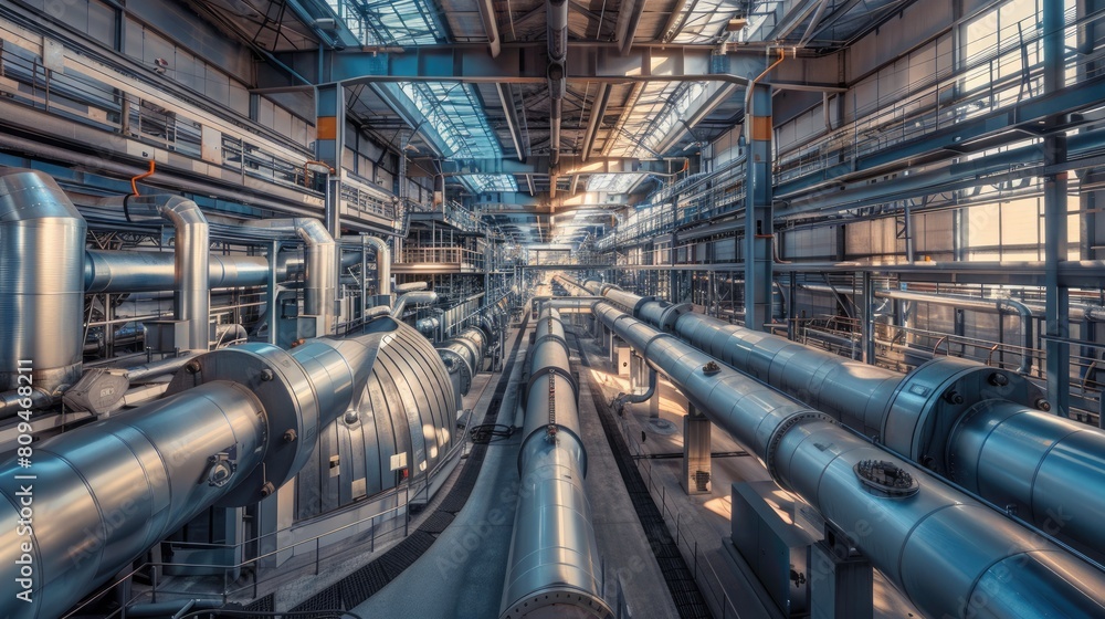 Hydrogen power plant, large steel tanks and pipes, wide angle photo ...