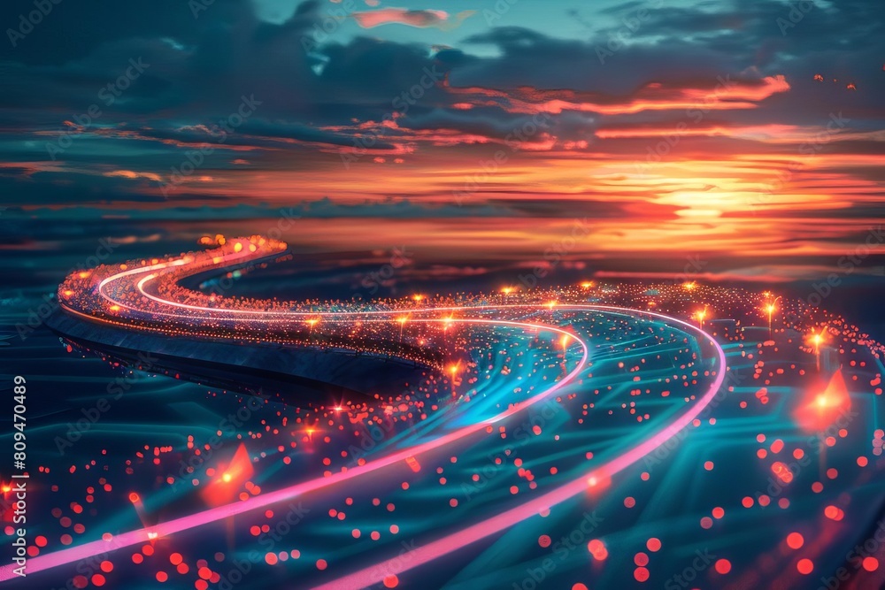 A digital roadmap with milestones laid out as flags on a winding path ...