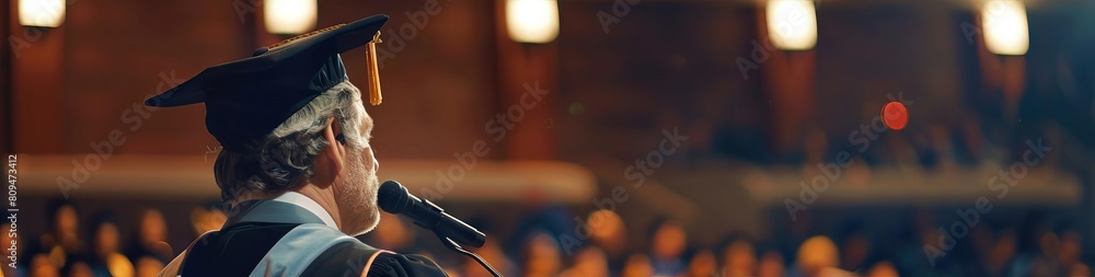 A leader giving a commencement speech at a graduation ceremony ...